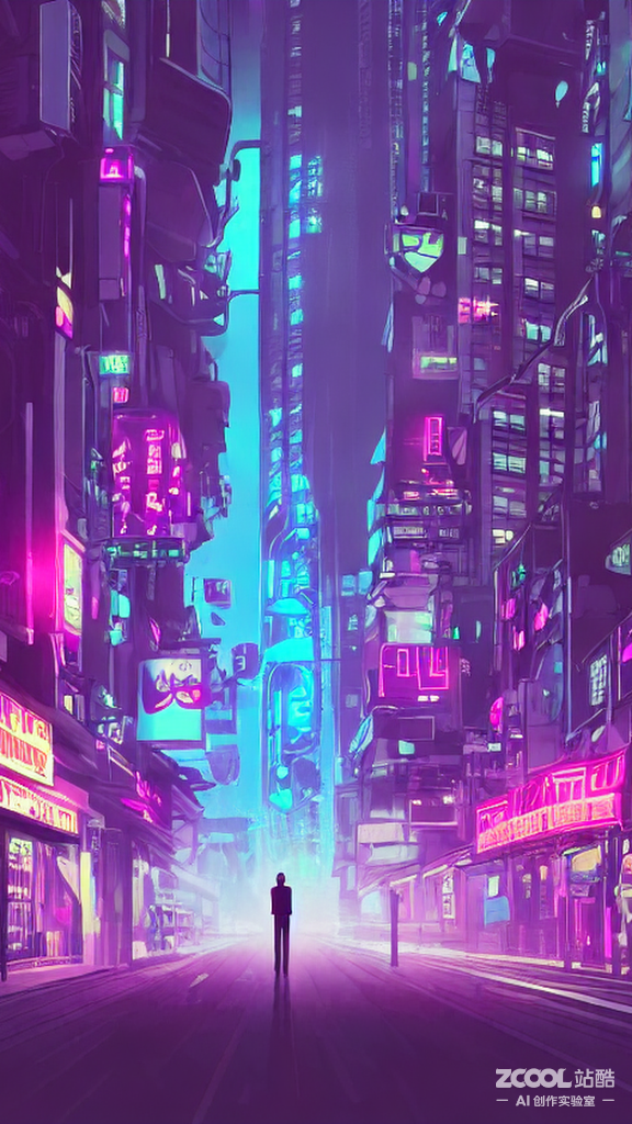 #AI创作实验室#城市里，孤独行人，紫色霓虹灯光_回忆殇已逝-站酷ZCOOL