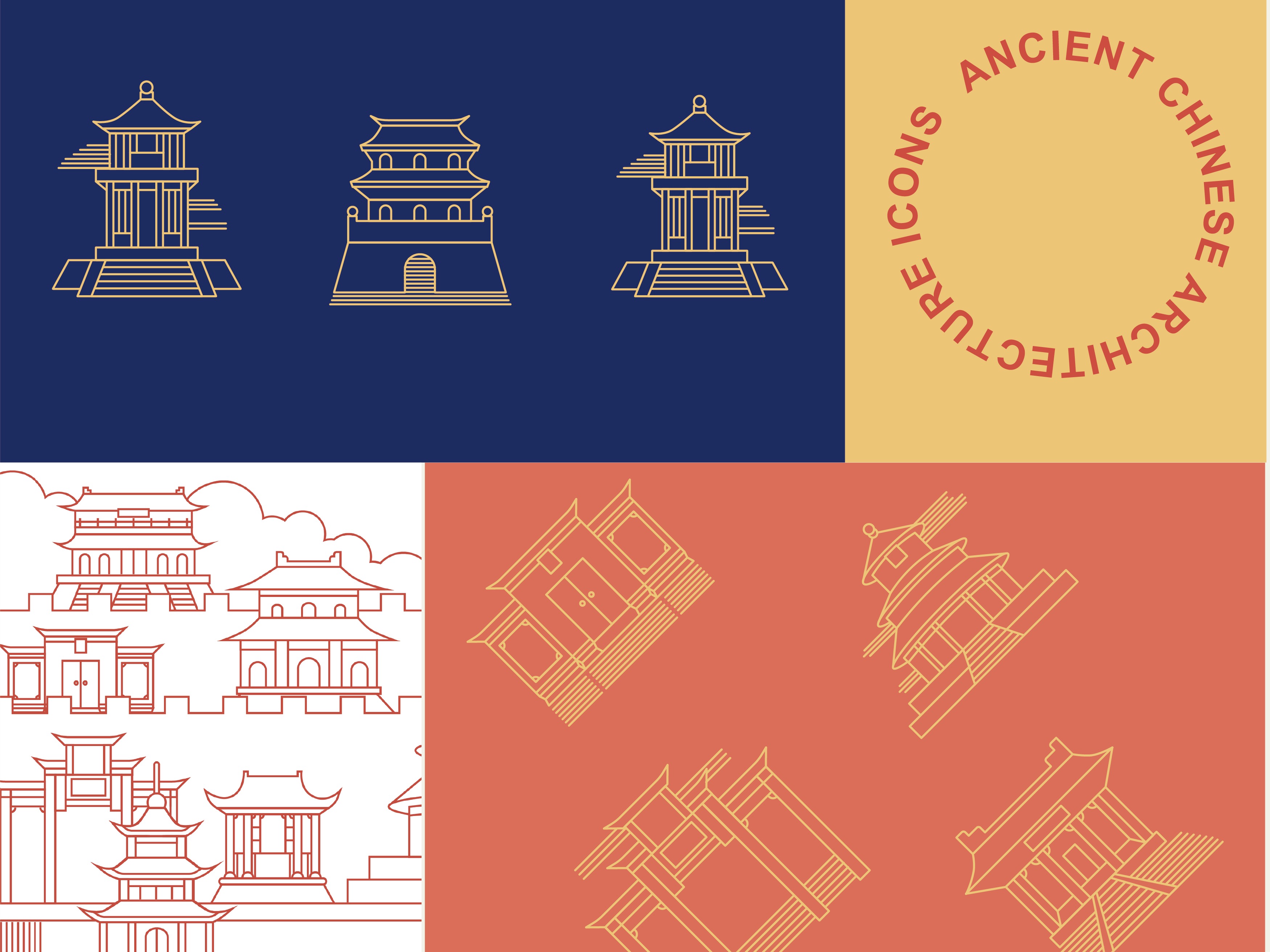 中国古典建筑icon设计｜原创手绘icon_波点西-站酷ZCOOL