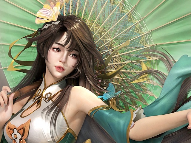 撑伞的绿衣少女_依古奈斯eugin-站酷ZCOOL