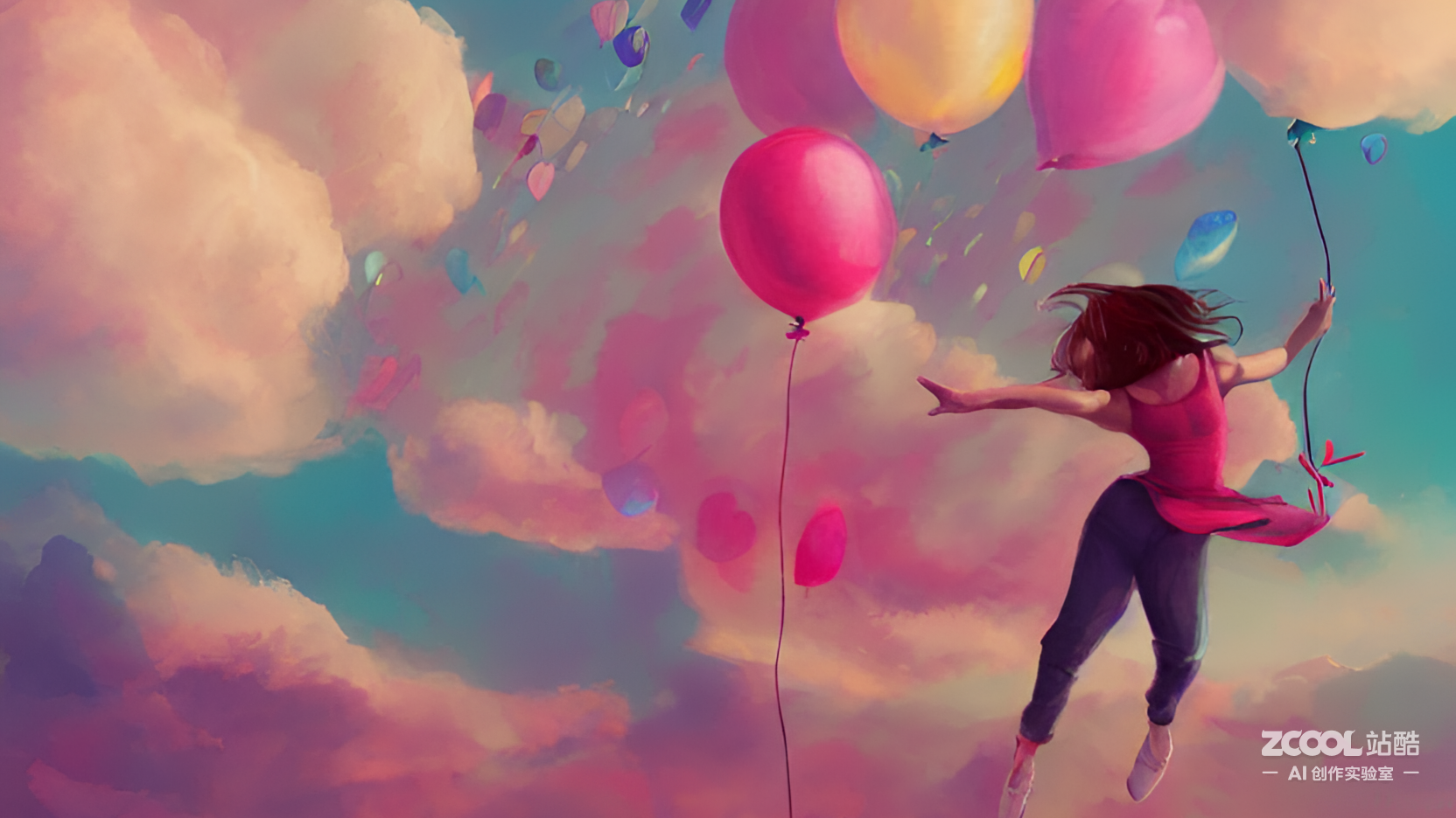 #AI创作实验室#跳舞的女孩，天空，气球，插画_亿昂杨-站酷ZCOOL