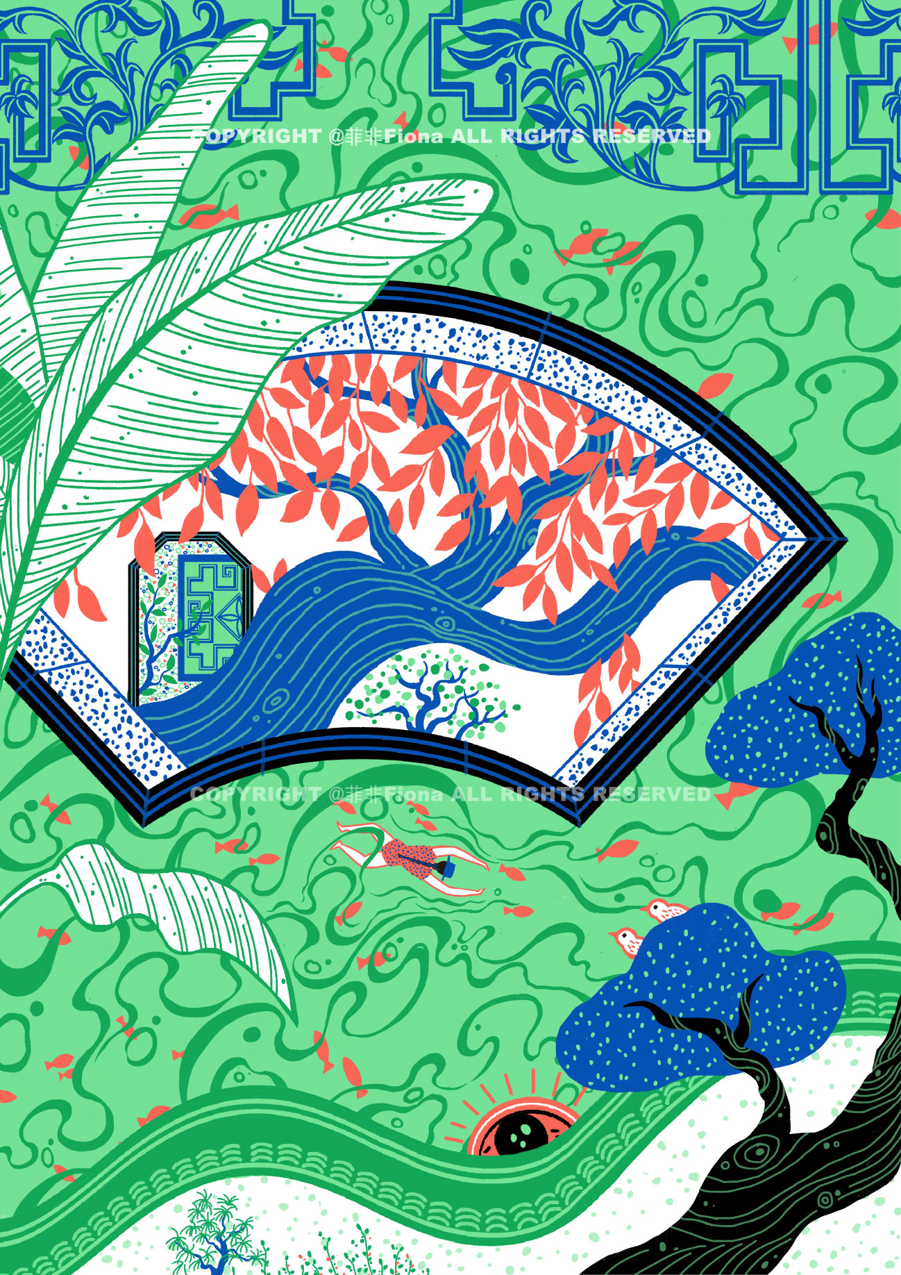 梦游园林系列插画之游泳_菲非Fiona-站酷ZCOOL