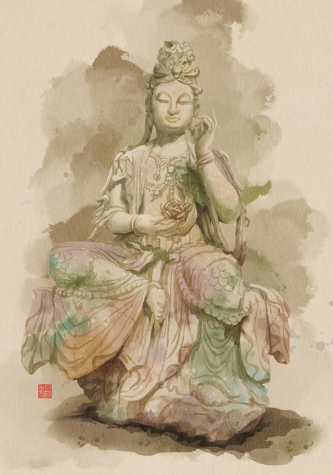 观自在菩萨水彩_zane水彩-站酷ZCOOL