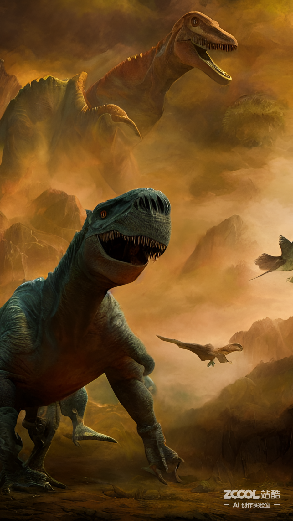 #AI创作实验室#恐龙，山峰，油画，鸟_凡人1993-站酷ZCOOL