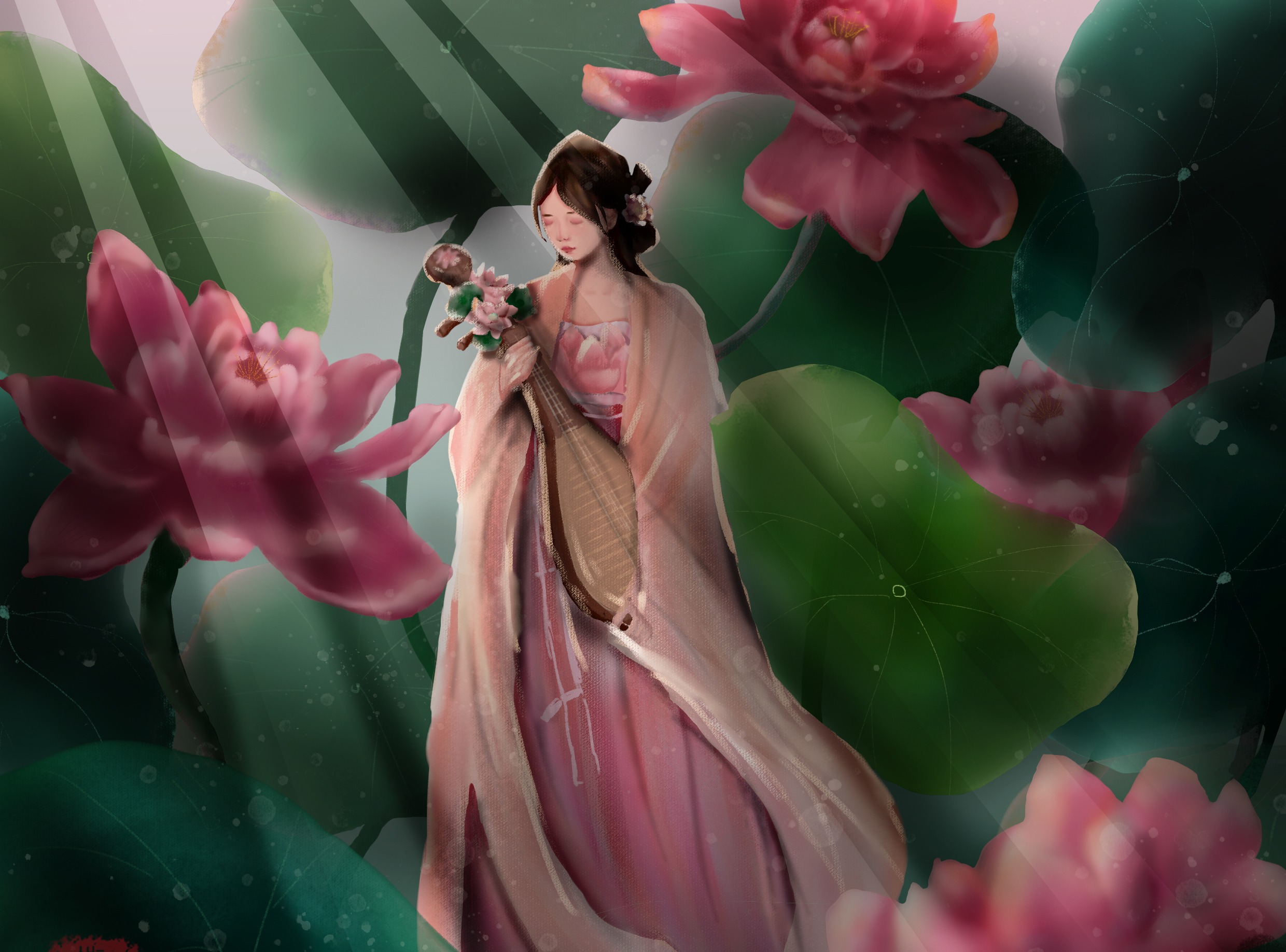 琵琶少女与荷_ZILIIA-站酷ZCOOL