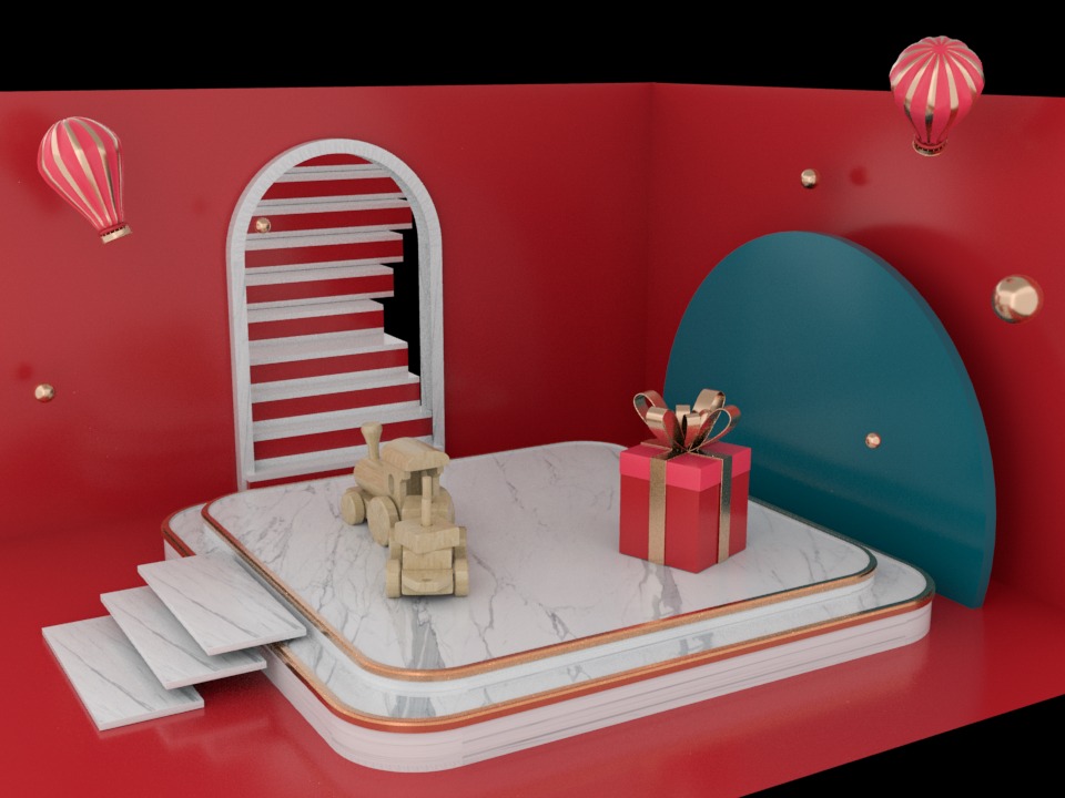 红色楼梯台面C4D小场景建模新手_梦云雨9955-站酷ZCOOL