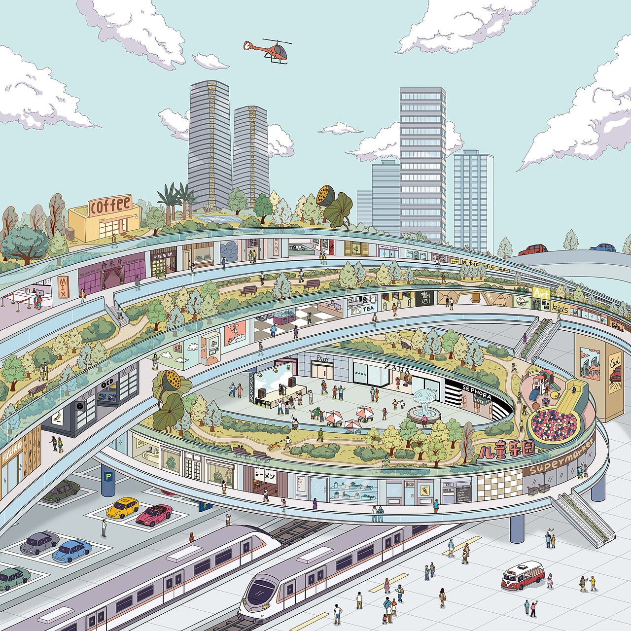 Hillslife美学馆杭州信达中心壹号院TOD插画手绘本|Illustration|Commercial illustration ...