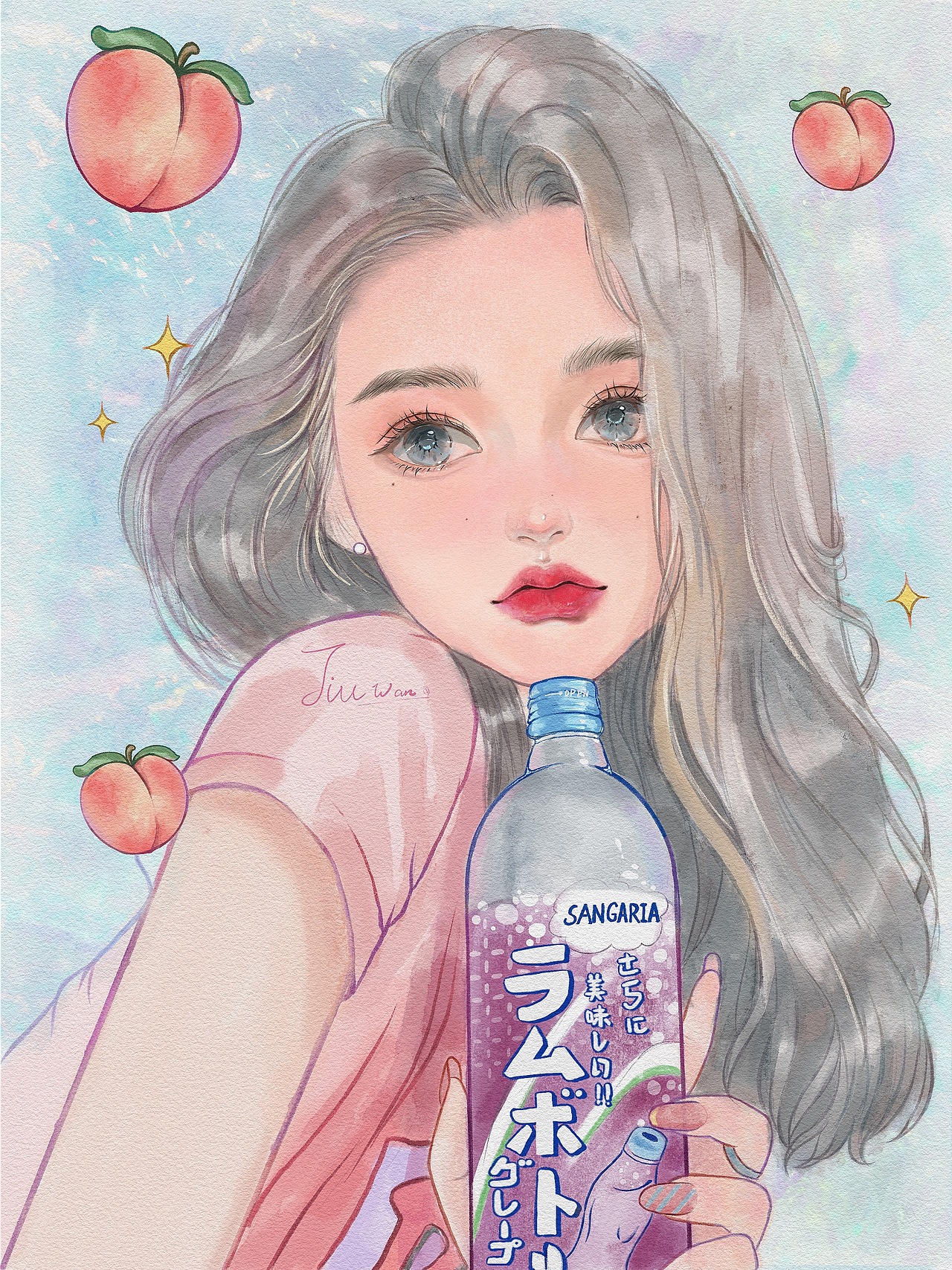 蜜桃少女—水彩头像_拾欢mia-站酷ZCOOL
