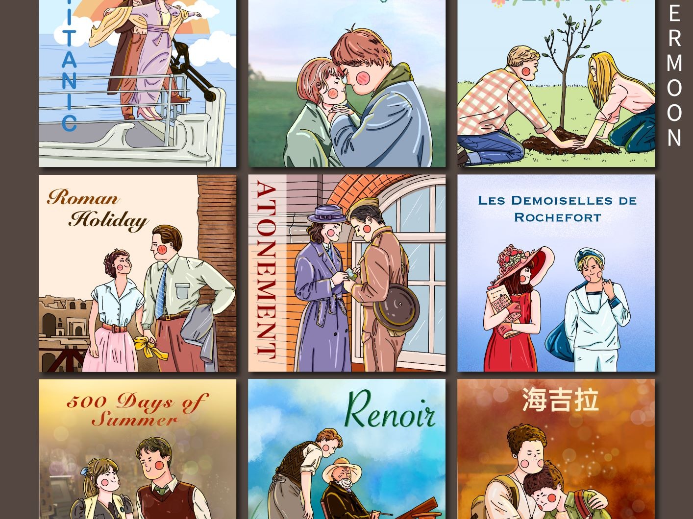 电影海报转插画-爱情电影九宫格_DeerMoon-站酷ZCOOL