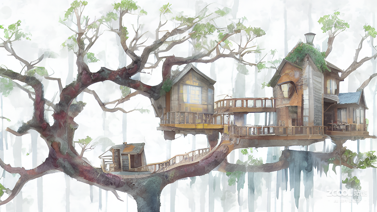 #AI创作实验室#树屋，圆形，悬空，连接，多个，写实_Z812619730-站酷ZCOOL