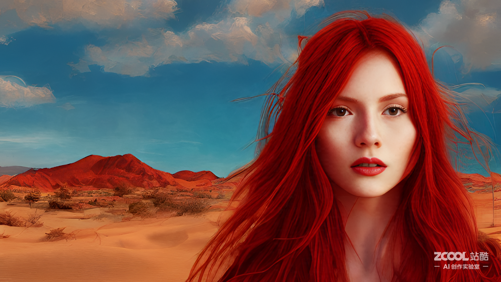 #AI创作实验室#沙漠中的红发女_冷光幻-站酷ZCOOL