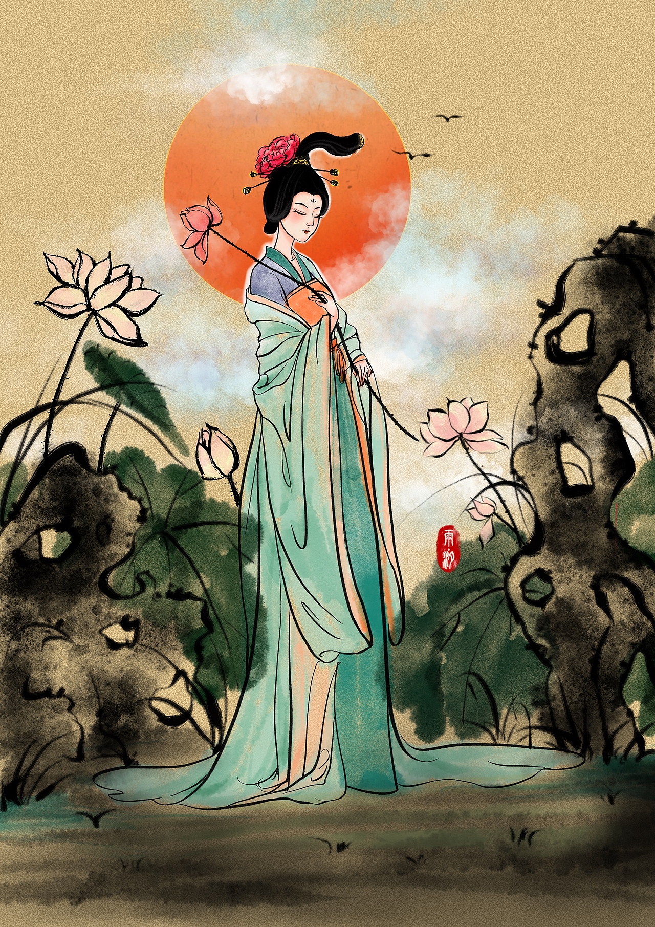 水墨风插画｜采莲归_雨汐_lz-站酷ZCOOL