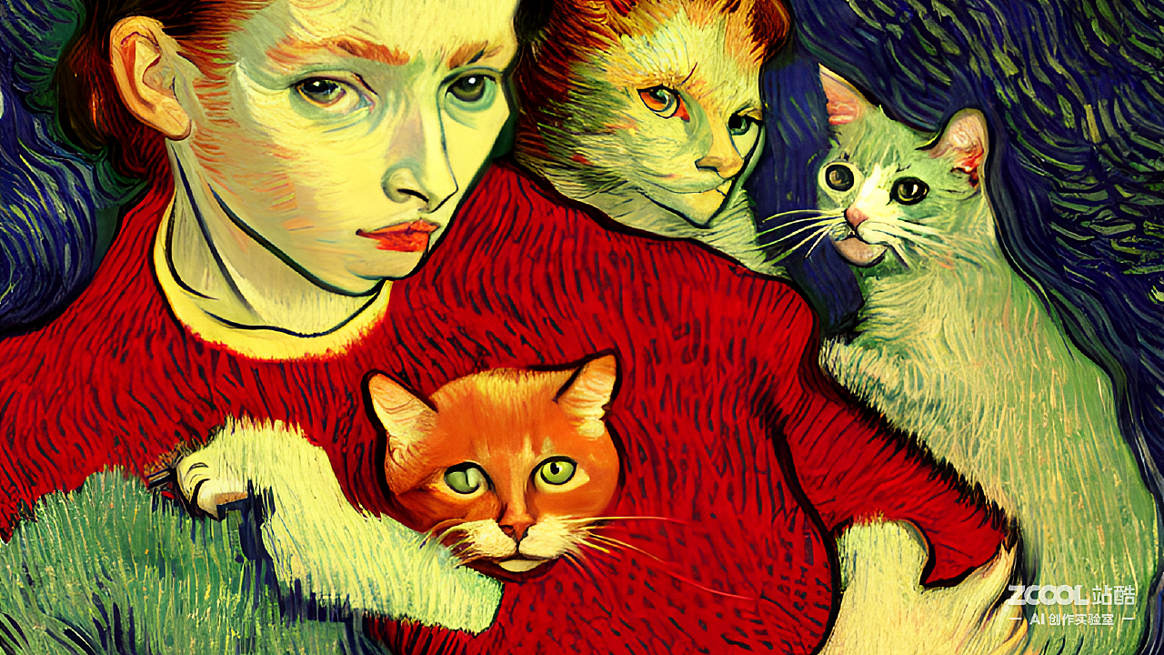 Ai创作实验室红色毛衣的女孩抱着短毛猫赵哲析1992 站酷zcool