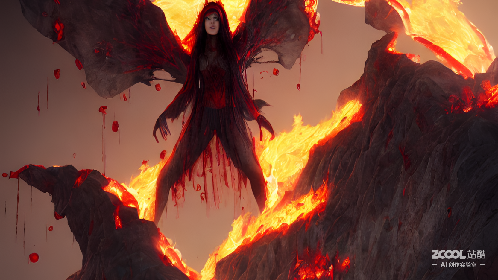 #AI创作实验室#美丽的吸血鬼趴在火焰山上_树枝666-站酷ZCOOL