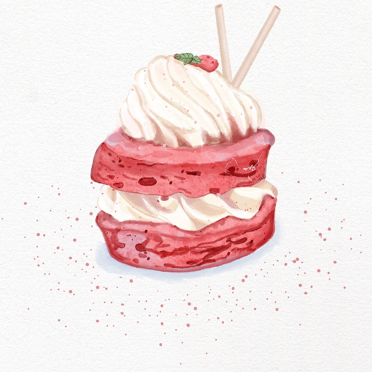 草莓小蛋糕水彩插画_Ying灬-站酷ZCOOL