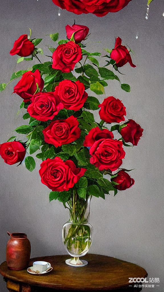 #WOW#AI创作实验室#桌上摆着一个装满红玫瑰的花瓶_Z867668485-站酷ZCOOL