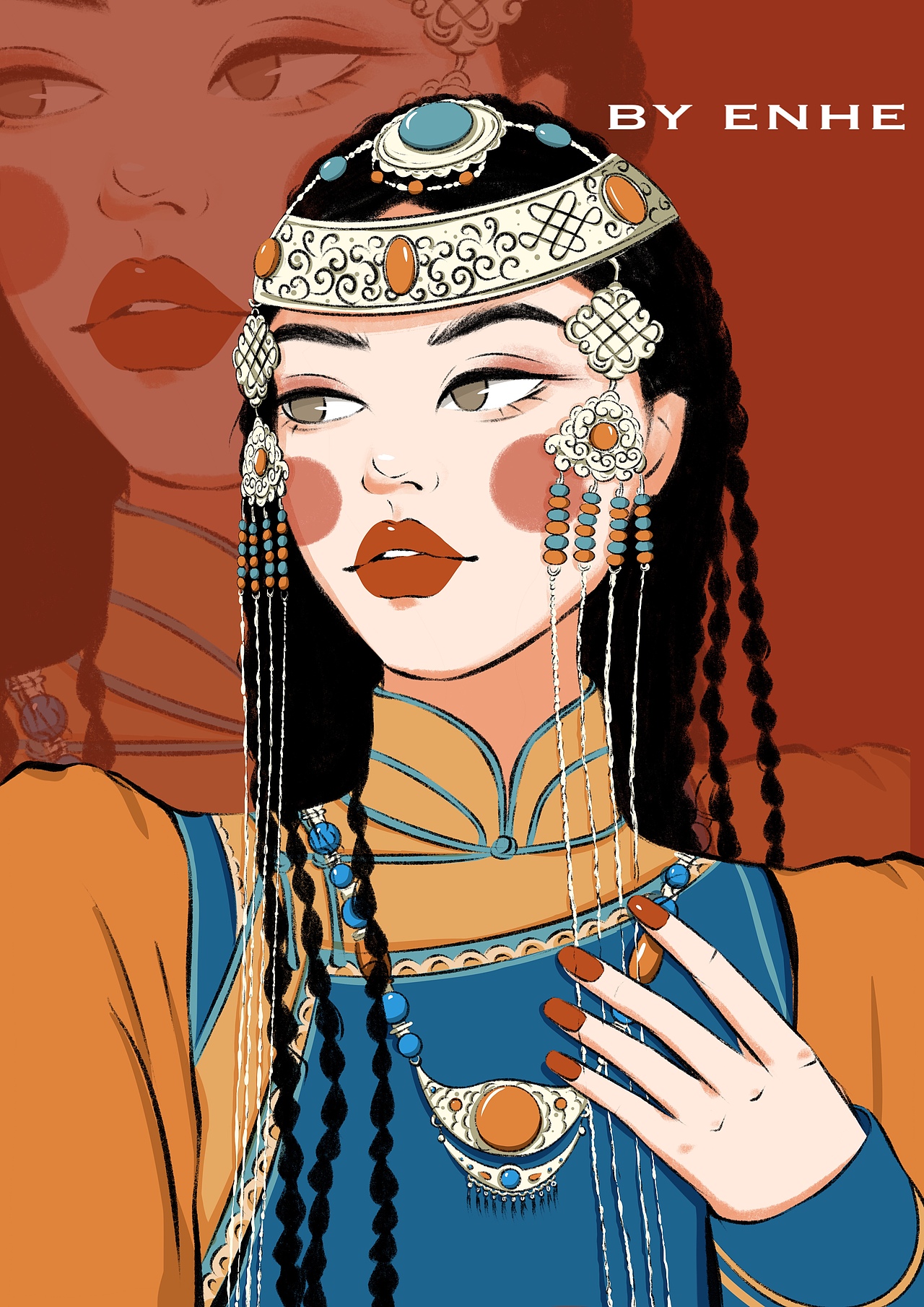 蒙古丽人系列人物插画_enhe恩禾-站酷ZCOOL