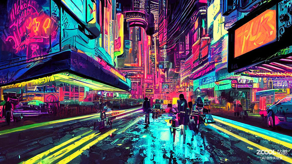 Ai创作实验室街道夜晚自行车背影霓虹灯广告牌大厦aryuka 站酷zcool 