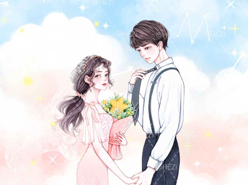 云端婚礼-少女情侣水彩梦幻插画_HEZi何子-站酷ZCOOL
