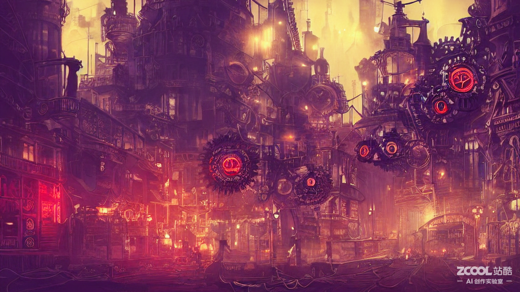 #AI创作实验室#蒸汽朋克，钟表，城市，霓虹灯，齿轮_Z195054845-站酷ZCOOL