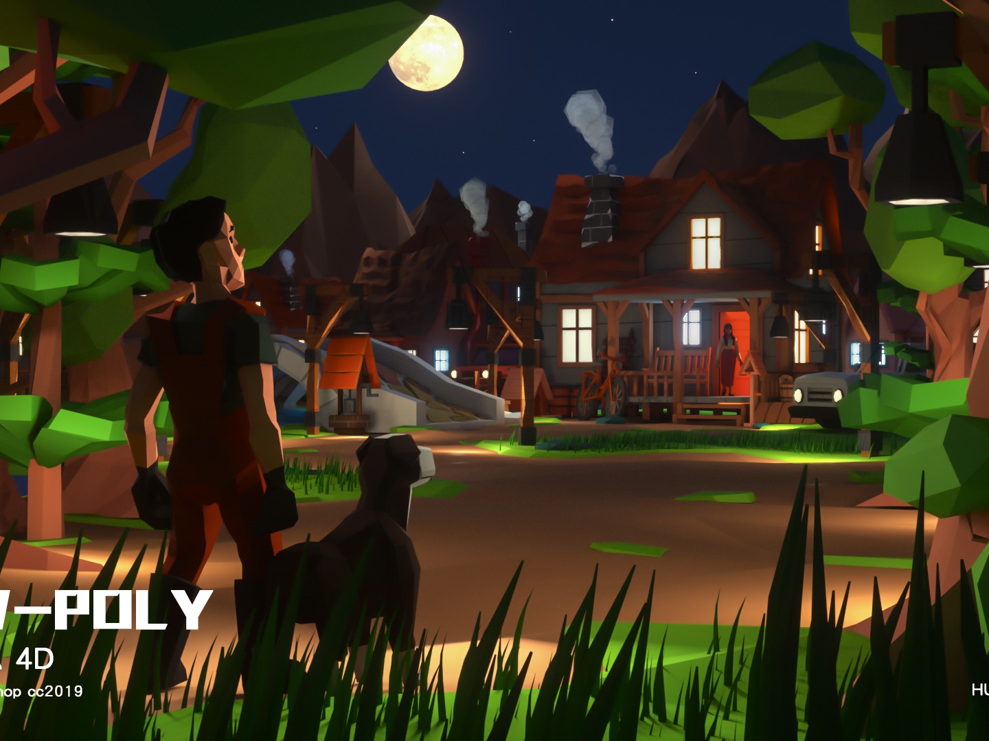 C4D三维卡通风格lowpoly低边形场景oc夜景渲染_梦熙86-站酷ZCOOL