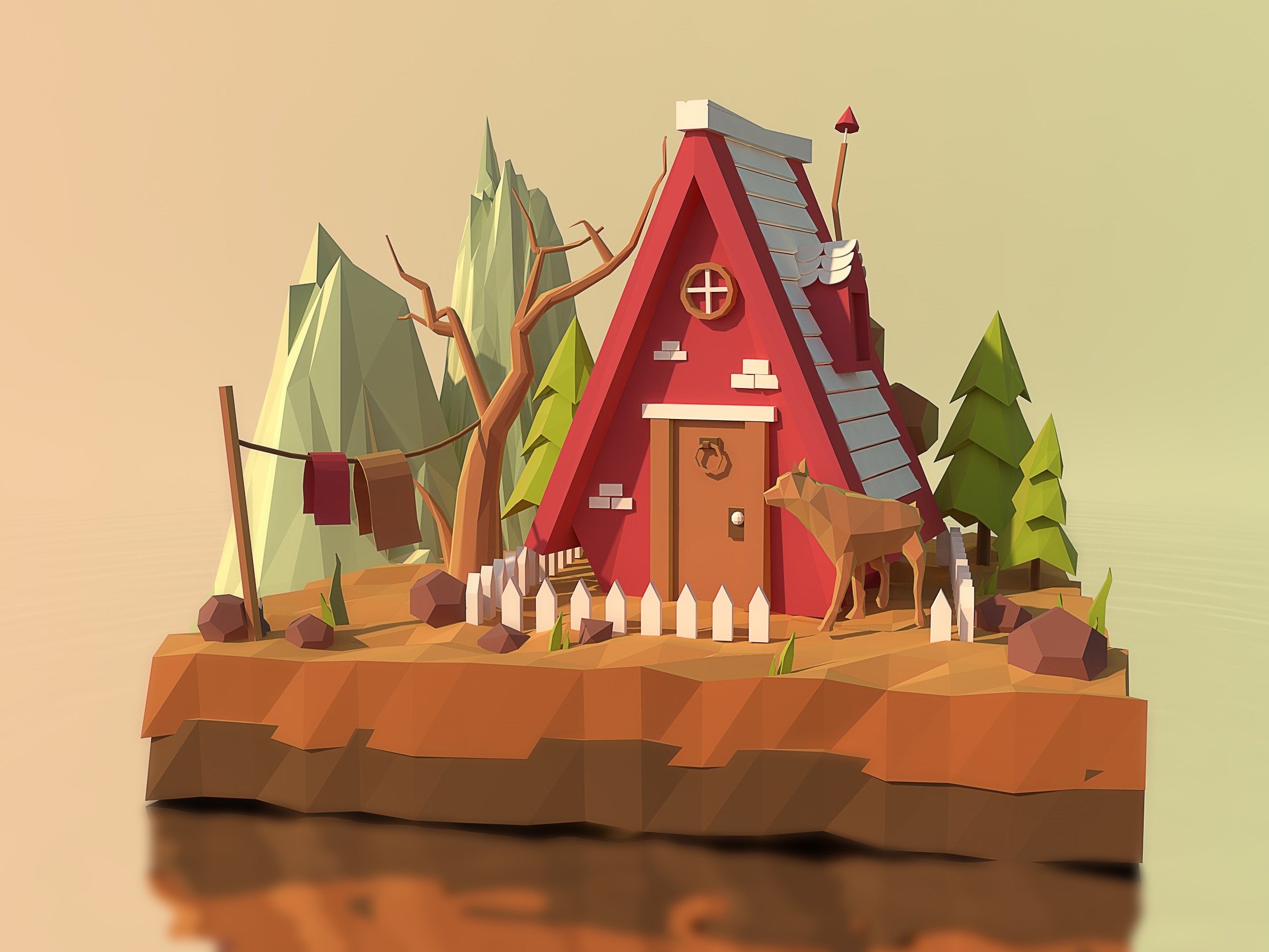 C4D-lowpoly风格河边小屋与卡通小场景_陈C味-站酷ZCOOL