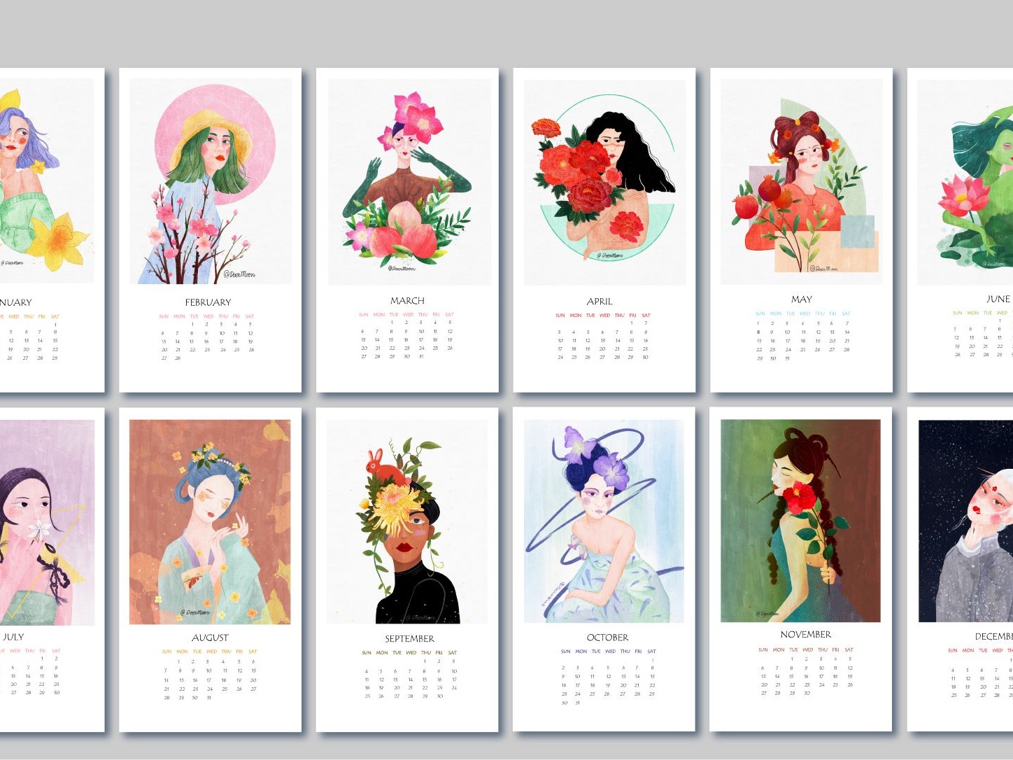 2022日历-女孩和花_DeerMoon-站酷ZCOOL