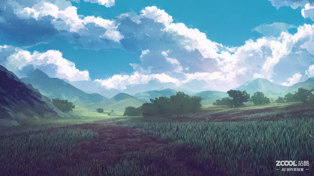 #AI创作实验室#田野的中间有一条小路，蓝天白云，山_紫云丶统夜-站酷ZCOOL