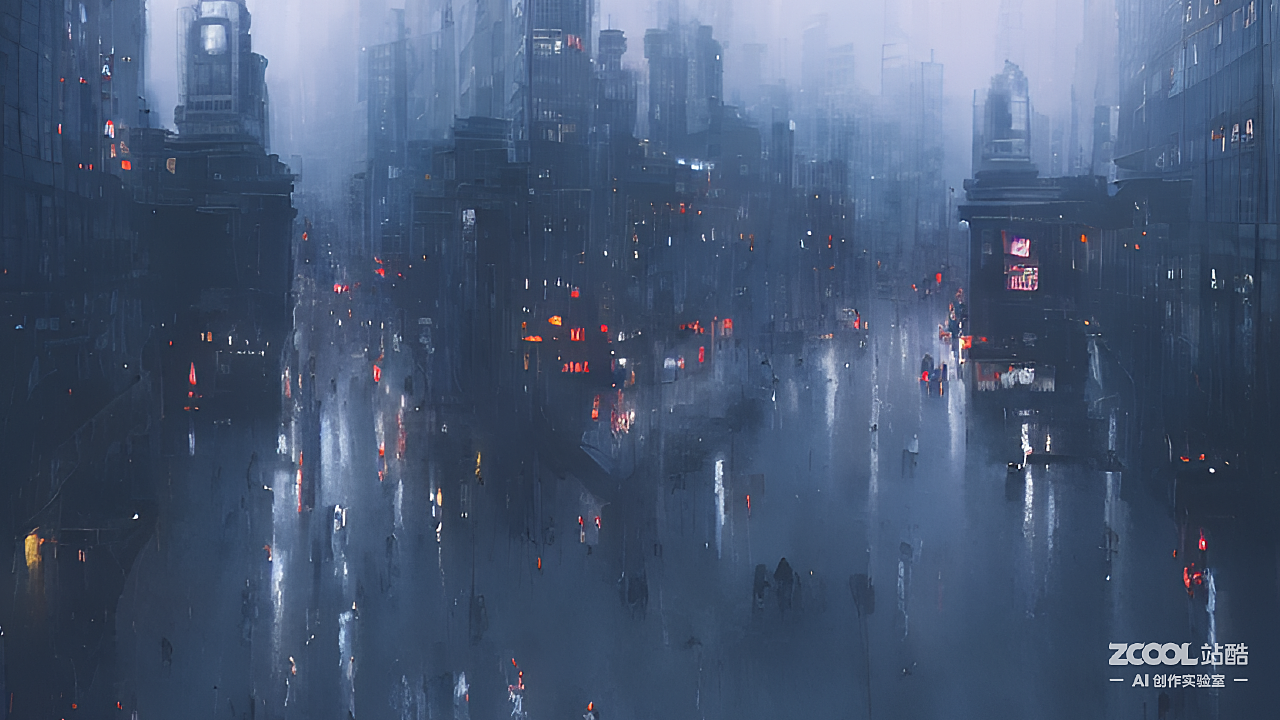 Ai创作实验室城市，夜晚，灯光，雨，人，车，错综复贾可以 站酷zcool 