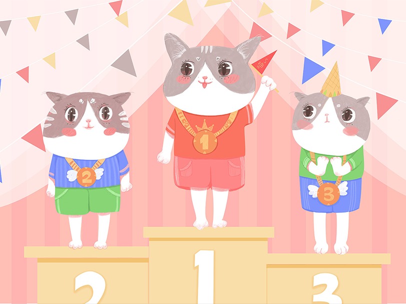 猫咪比赛小旗奖牌粉色背景可爱小清新插画_miki酱-站酷ZCOOL