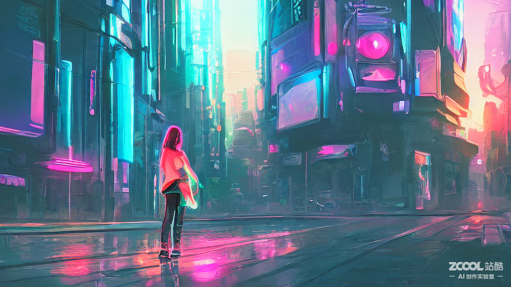 Ai创作实验室 少女，立绘，街道，夜晚，城市， 机器人61号 站酷zcool