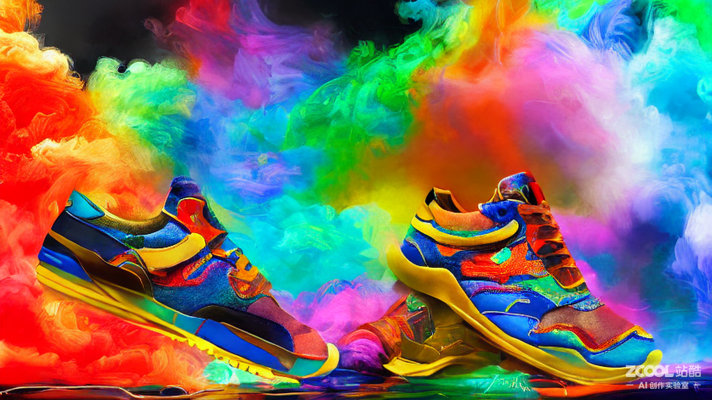 #AI创作实验室#运动鞋，四周七彩四溢烟雾缭绕，抽象_晨吼-站酷ZCOOL