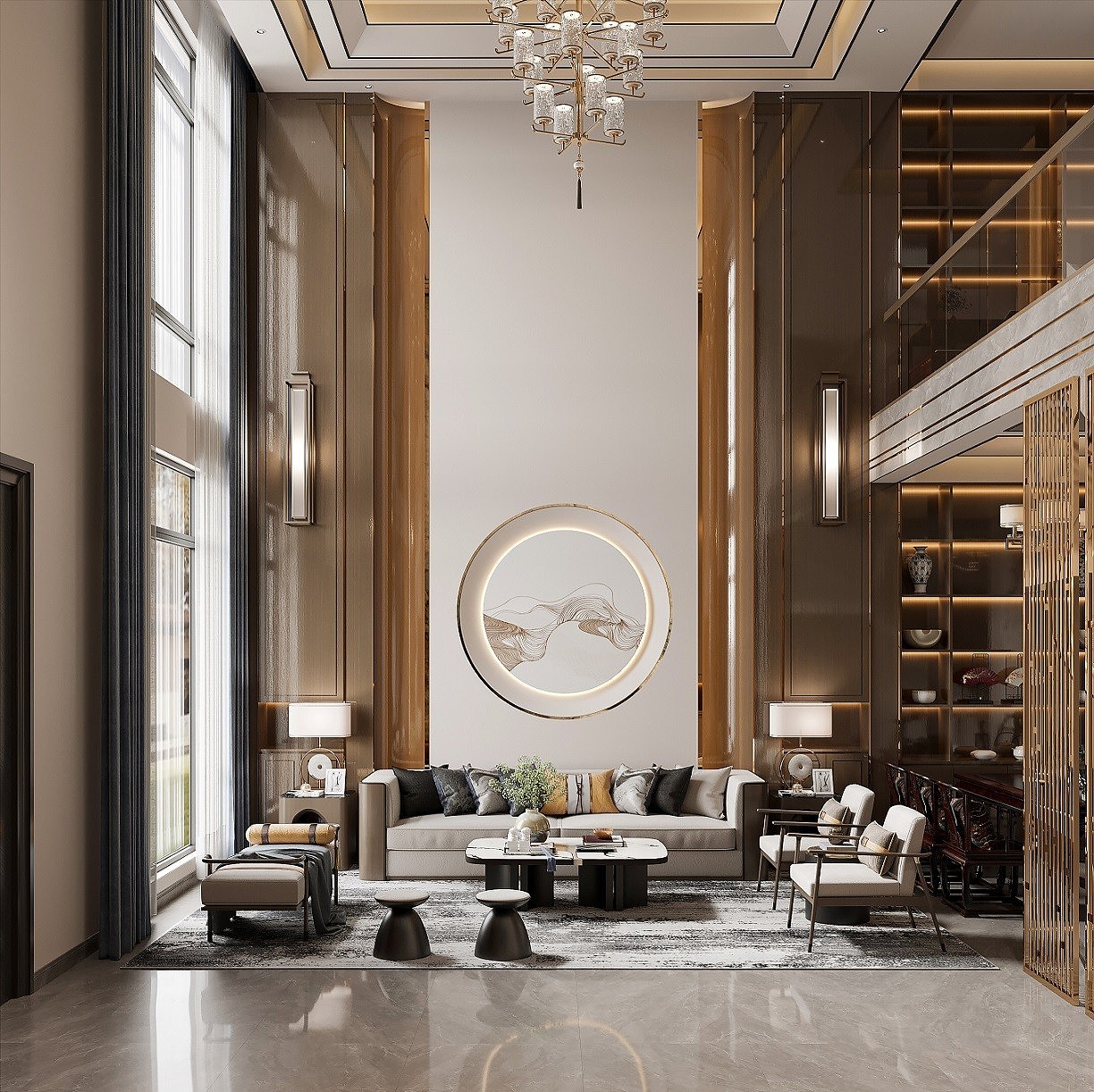 新中式挑空别墅客餐厅表现_王彤ing-站酷ZCOOL