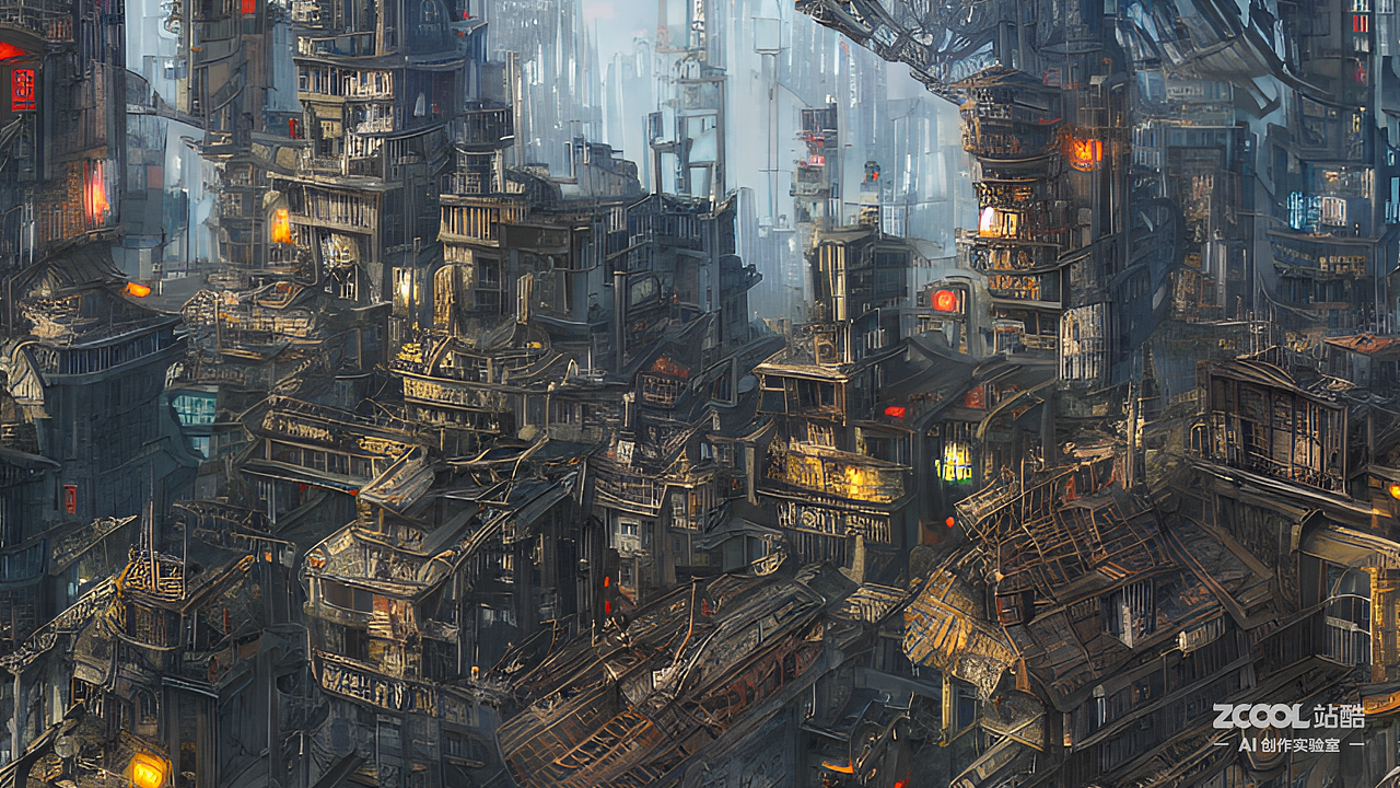 #AI创作实验室#朋克风格的古代建筑群，在天上飞_铭狐890516-站酷ZCOOL