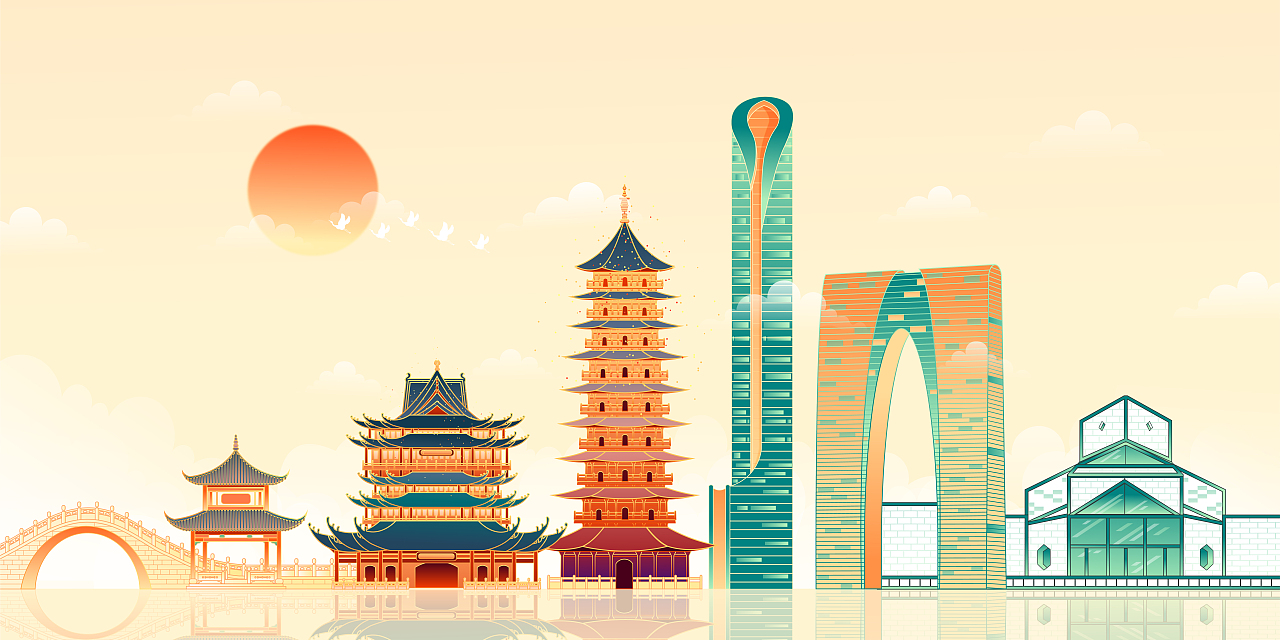 国潮风苏州建筑插画_晚风在画画-站酷ZCOOL