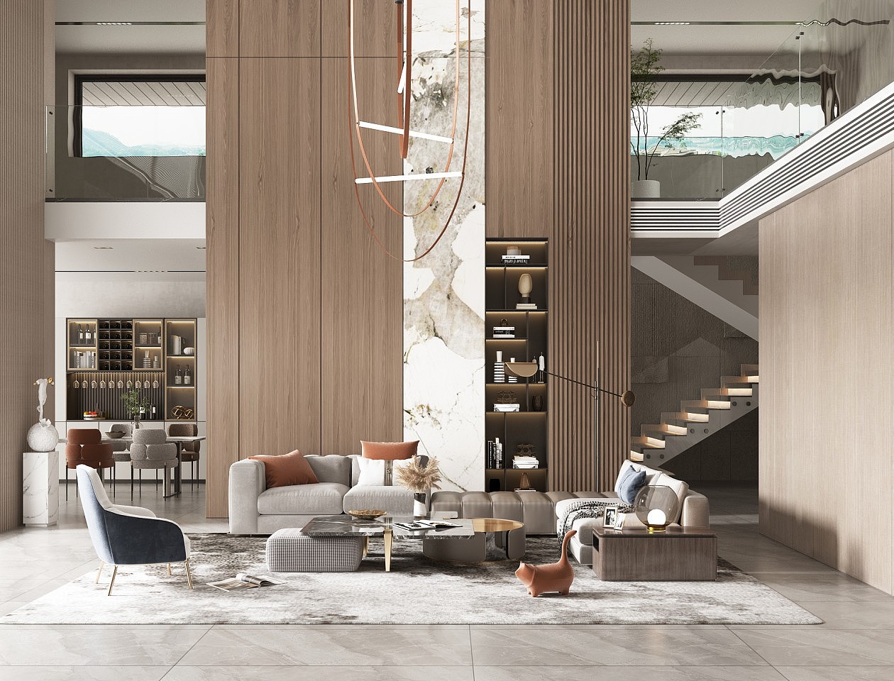 现代挑空客厅全景效果图设计_王彤ing-站酷ZCOOL