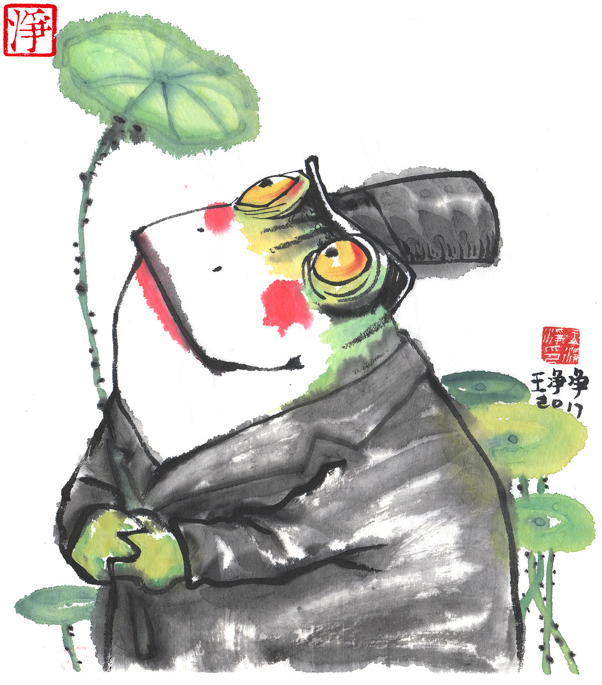 萌趣水墨画：牛-公鸡-狗-鹅-蝈蝈-兔子-猫-青蛙-马-鸟_画儿晴天-站酷ZCOOL