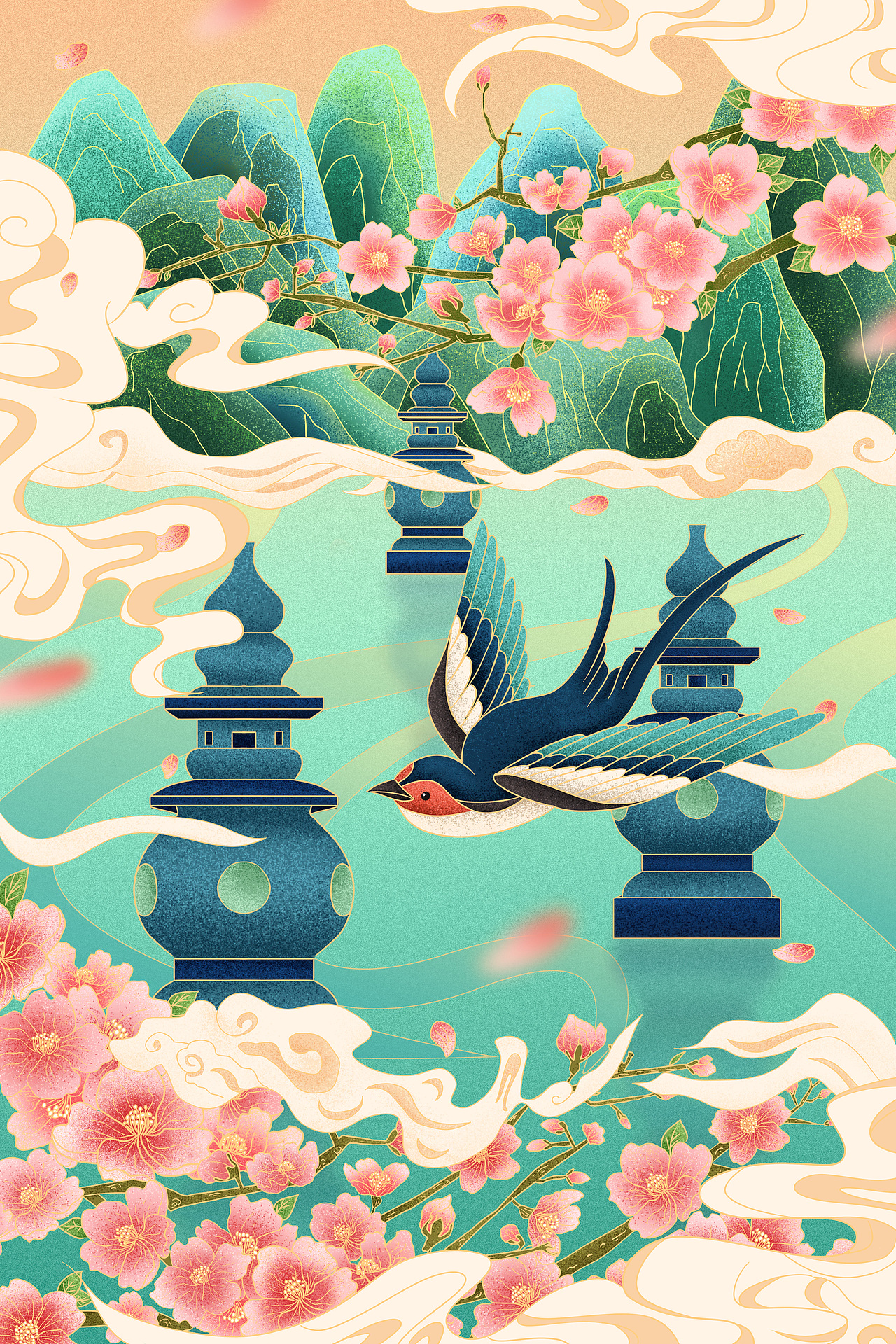 杭州地标三潭映月国风插画_何仙姑Queenie-站酷ZCOOL