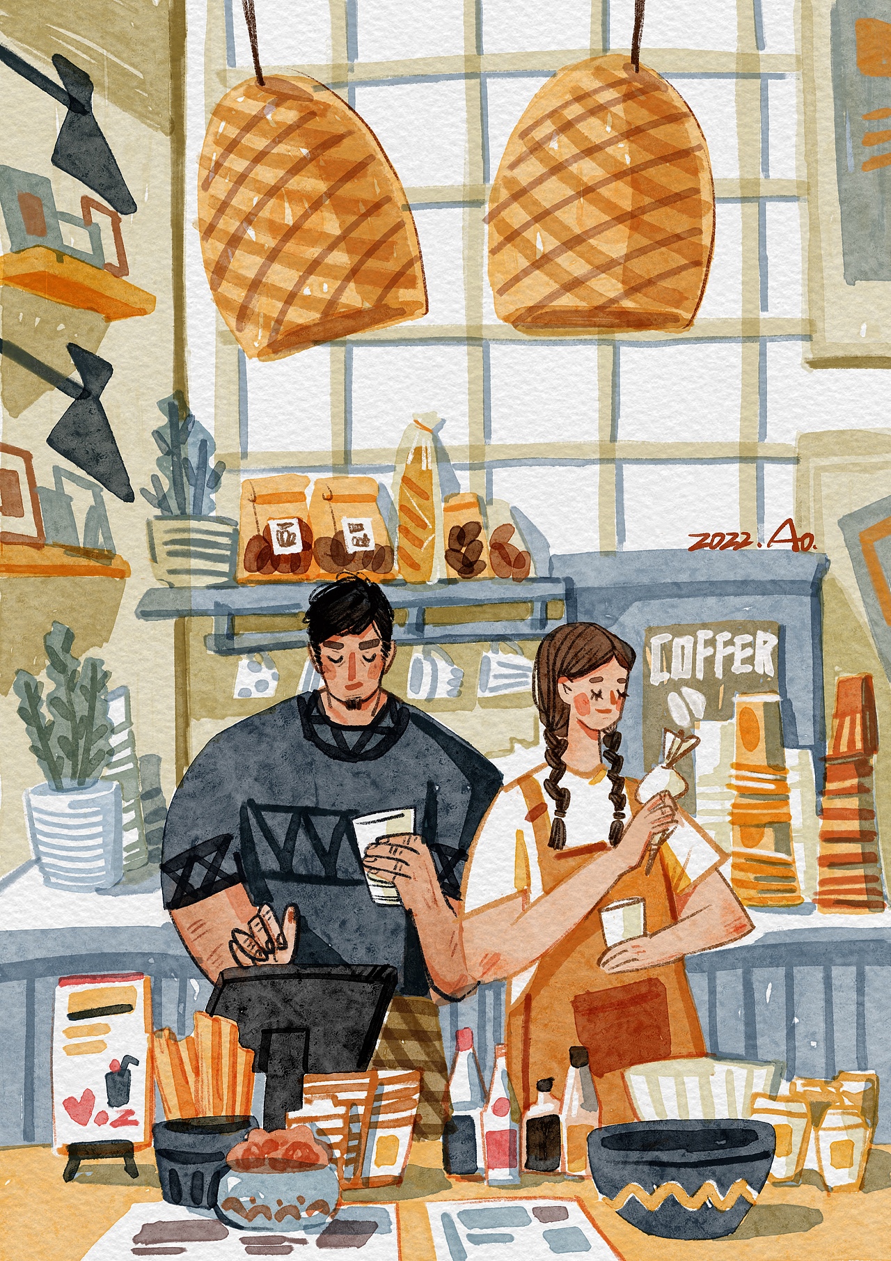 水彩，咖啡店里_ZsikoAo-站酷ZCOOL