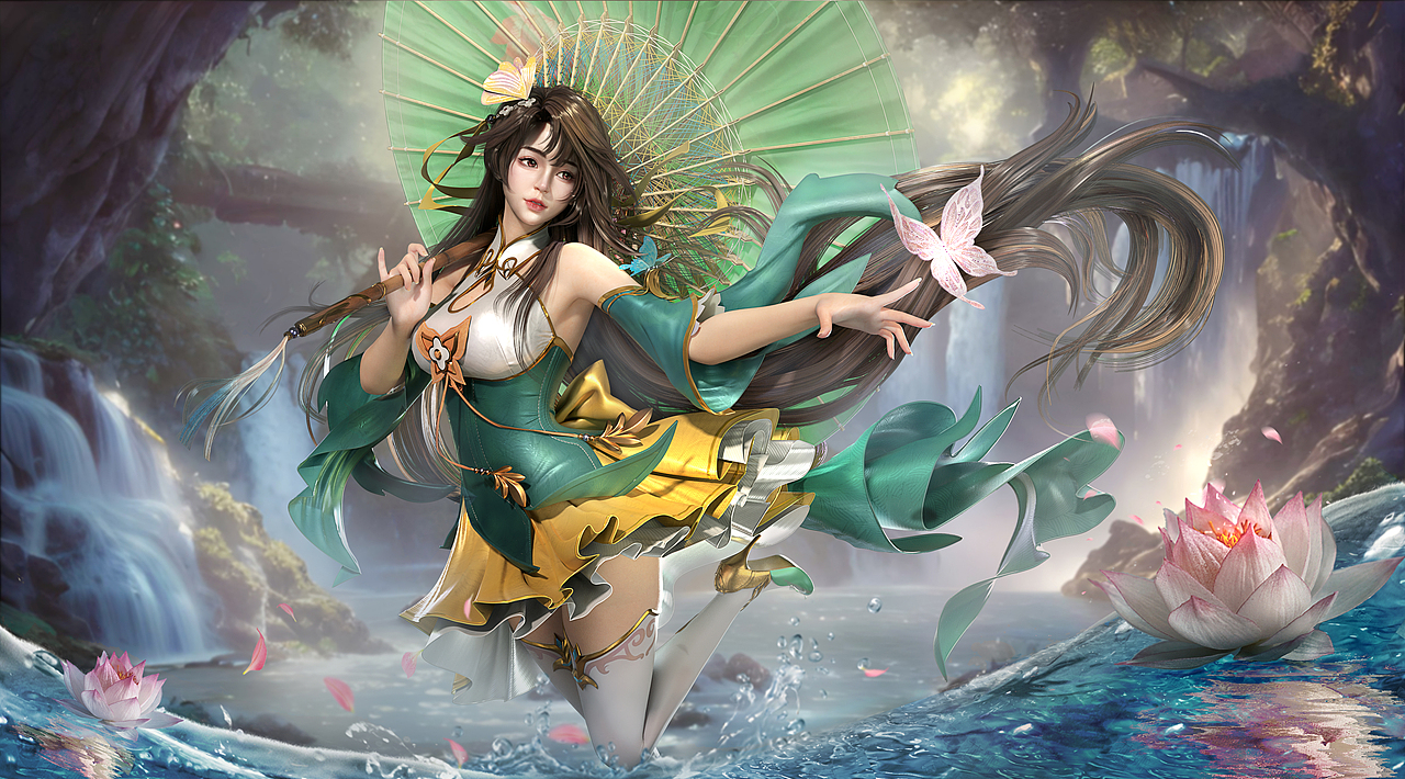 撑伞的绿衣少女_依古奈斯eugin-站酷ZCOOL