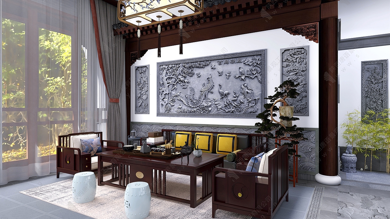 百鸟朝凤中式会客厅_tyzd-站酷ZCOOL