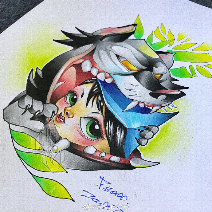 小蓝帽女孩和大灰狼。_PMOOONFNTATTOO-站酷ZCOOL
