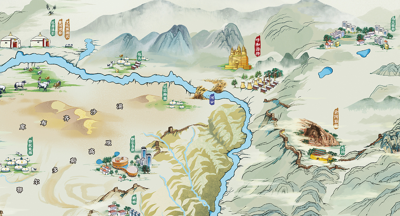 《万里黄河全舆图》手绘地图|Illustration|Commercial illustration|岸南ANNAN_Original作品-站酷ZCOOL