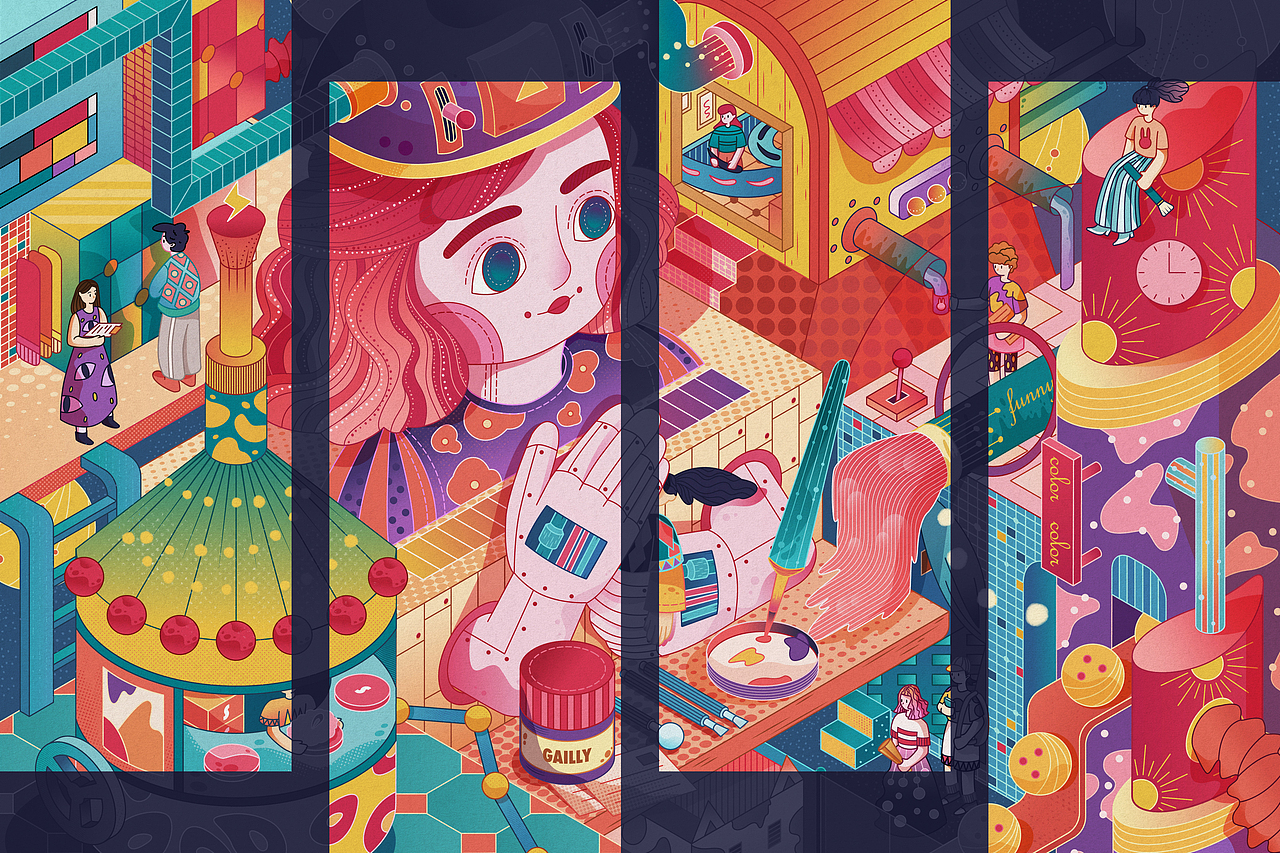 2.5D线性插画丨美妆游乐园_果酱袋子-站酷ZCOOL