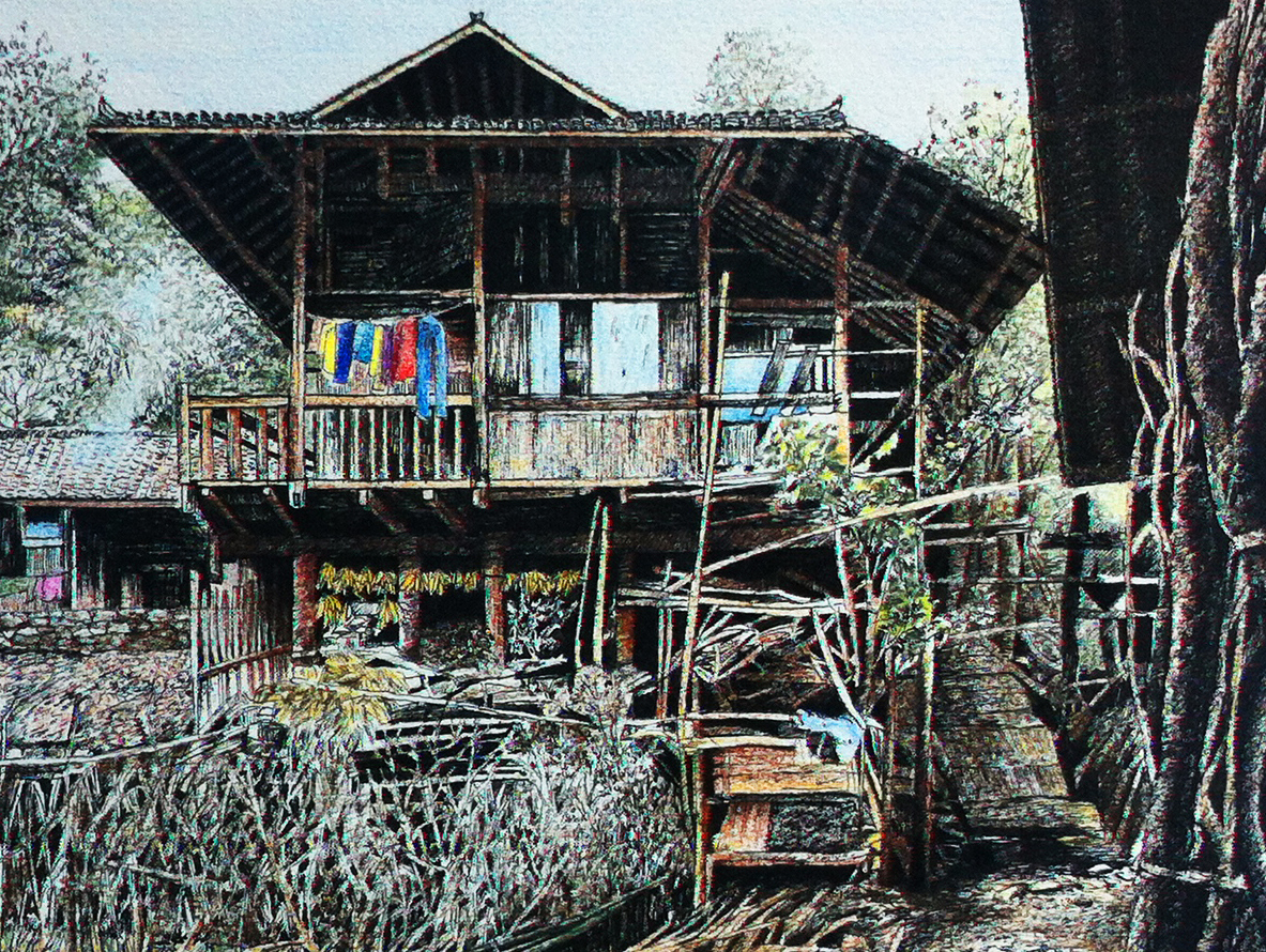 乡村系列 《吊脚楼》钢笔淡彩_一生梦里-站酷ZCOOL