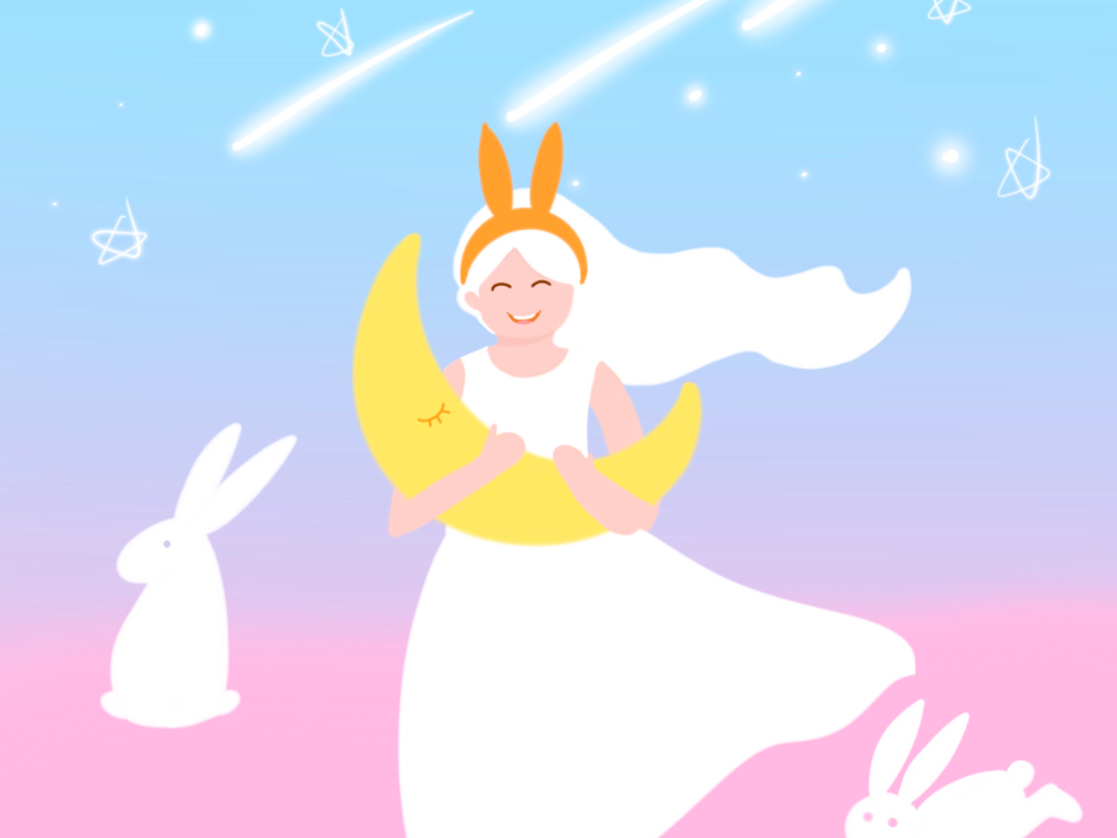 可爱女孩抱着月亮旁边有兔子_Mila插画-站酷ZCOOL