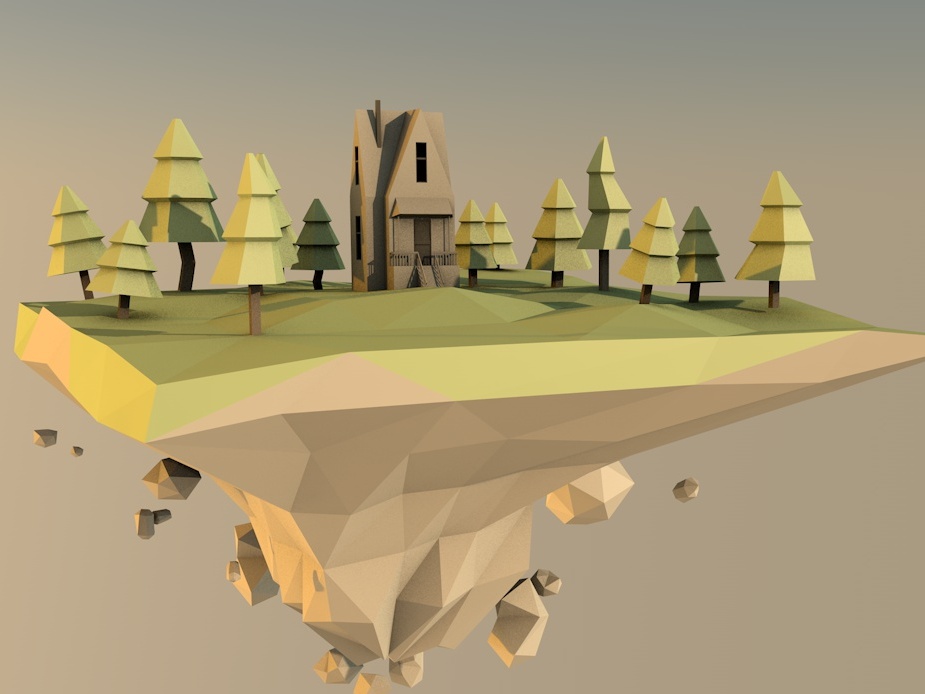 C4D/low poly风格空中岛屿_叶子大人-站酷ZCOOL
