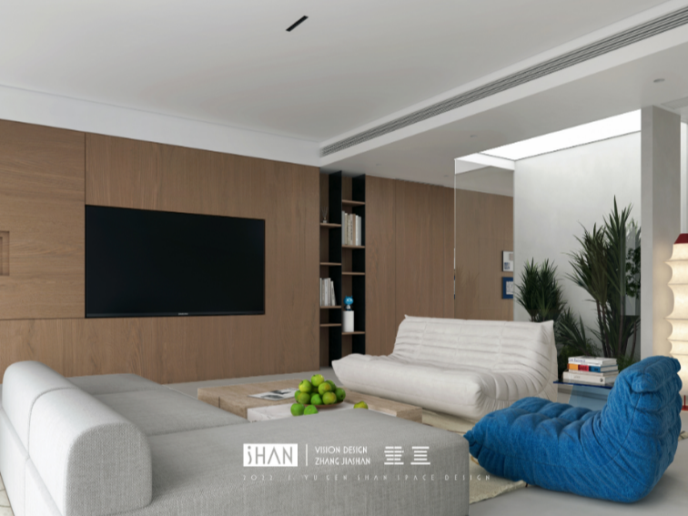 SHAN丨高饱和度蓝调点赞搭配整体灰棕色极简住宅_聿亘丨SHAN-站酷ZCOOL