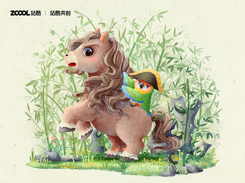 穿过竹林深处的鹦鹉_紫汐A.TING-站酷ZCOOL