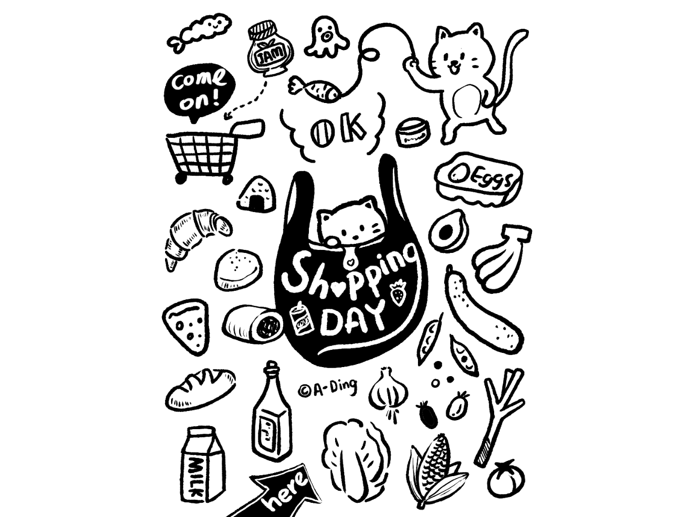 黑白手账素材-购物日买买买-简笔画蔬果食物_绿瓷叮叮-站酷ZCOOL