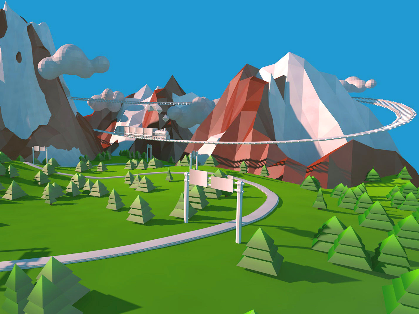 Low-Poly 低面多边形风格 小山坡+小火车呜呜呜_路过的汤圆-站酷ZCOOL